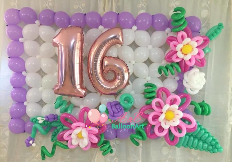 Number 16 Design With Flowers (Design Code: N254) - A&E BalloonArt