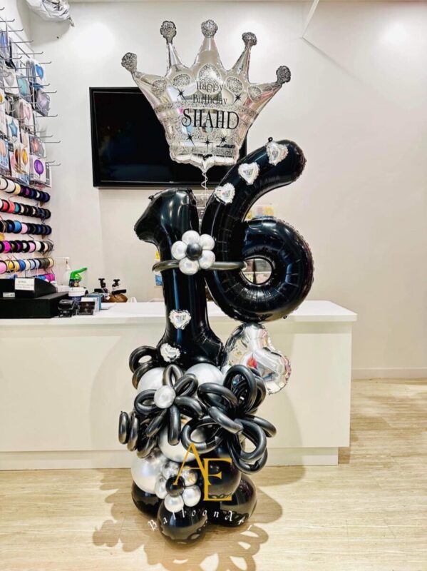 Number 16 Design With Flowers Crown Balloon On Top (Design Code: N16_C ...